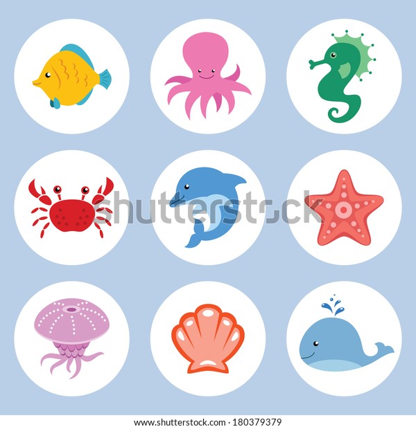 Vector Set Cute Cartoon Sea Animals Stock Vector (royalty Free) 180379379
