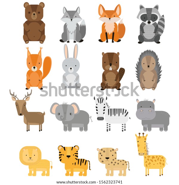 Vector Set Cute Forest Jungle Animals Stock Vector (Royalty Free ...