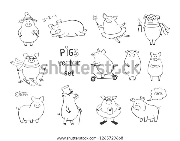Vector Set Cute Pigs Funny Sketches Stock Vector (Royalty Free ...