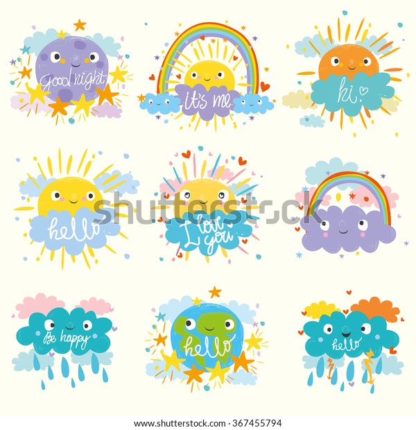 Vector Set Cute Sun Moon Cloud Stock Vector (Royalty Free) 367455794 ...