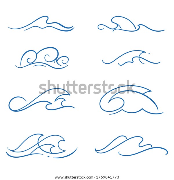 Conjunto de vectores de diferentes olas de océano estilizadas y simples ...