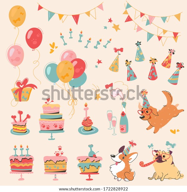 Vector set of Dog Birthday party and elements for design - dogs, cakes ...