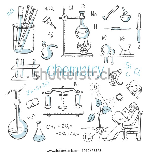Vector set of doodle drawings of chemistry. Hand drawings on a white ...