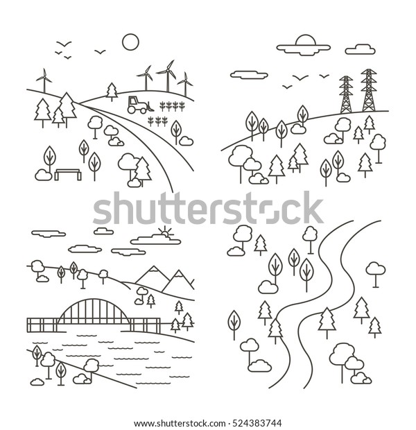 Vector Set Four Country Landscape Illustrations Stock Vector (Royalty ...