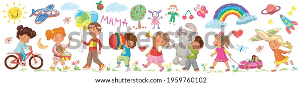 Vector Set Little Children Preschool Education Stock Vector (Royalty ...