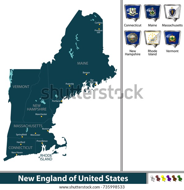 Vector set of New England of United States with flags and map on white ...