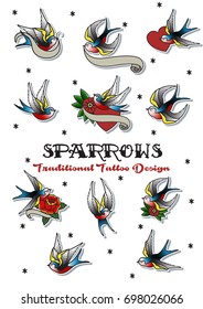 Vector Set Sparrows Traditional Tattoo Design Stock Vector (Royalty ...