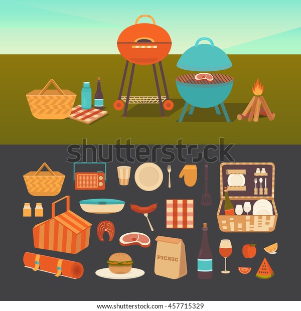 Vector Set Summer Picnic Barbecue Outdoors Stock Vector (Royalty Free ...