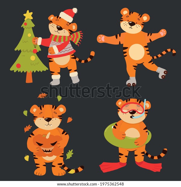 Vector Set Tiger Cubs Doodle Style Stock Vector (Royalty Free ...