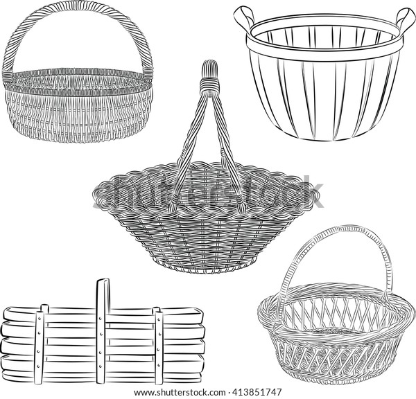 Vector Set Traditional Baskets Line Art เวกเตอร์สต็อก (ปลอดค่าลิขสิทธิ์ ...