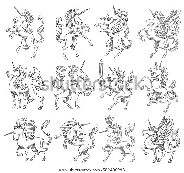 Vector Set Twelve Images Heraldic Unicorns Stock Vector (Royalty Free ...