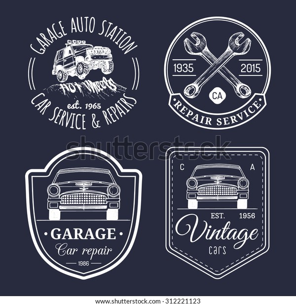 Vector Set Vintage Sketched Garage Logos Stock Vector (Royalty Free ...
