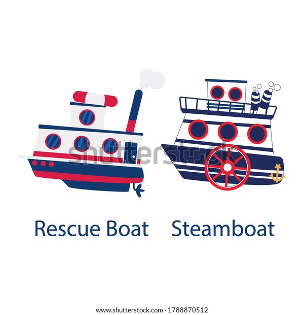 Vector set of water vessels. Rescue boat with lifebuoy on board. Wheel ...