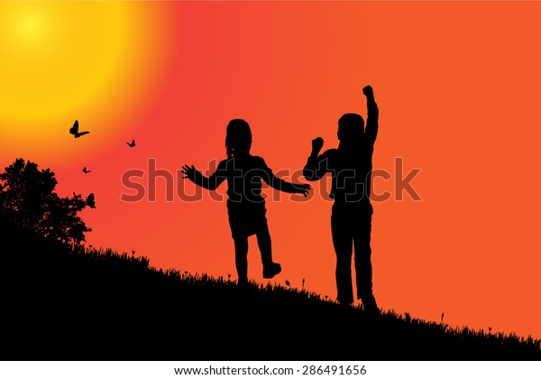 Vector Silhouette Children Sunset Stock Vector (Royalty Free) 286491656 ...
