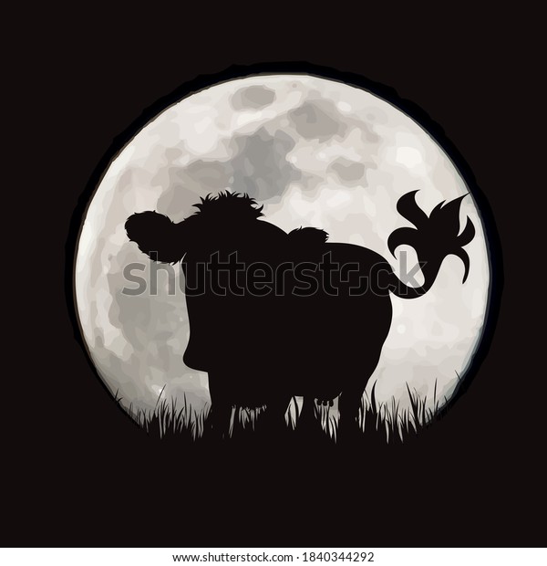 Vector silhouette of cow on moon background. Symbol of night and farm ...