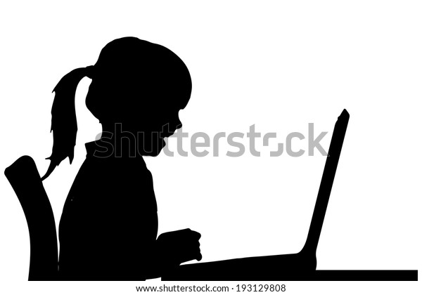 Vector silhouette of a girl sitting at a computer on a white background.