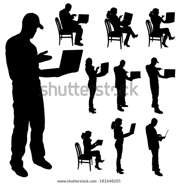 Vector Silhouette People Computer On White 스톡 벡터(로열티 프리) 181648205