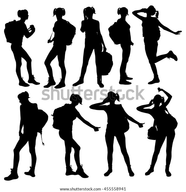 Vector Silhouette Woman Backpack Pose Tourist: Vector có sẵn (miễn phí ...