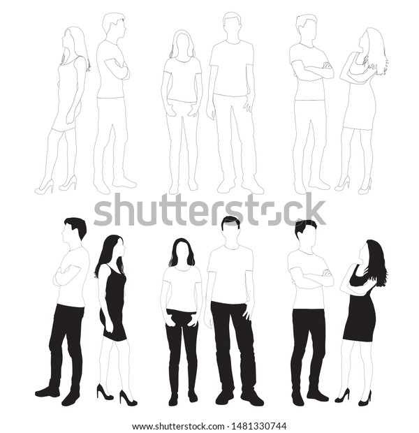 Vector Silhouettes Men Women Standing Different เวกเตอร์สต็อก ปลอดค่า