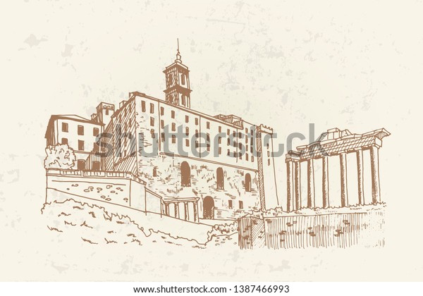 Vector Sketch Ancient Ruins Roman Forum Stock Vector (Royalty Free ...