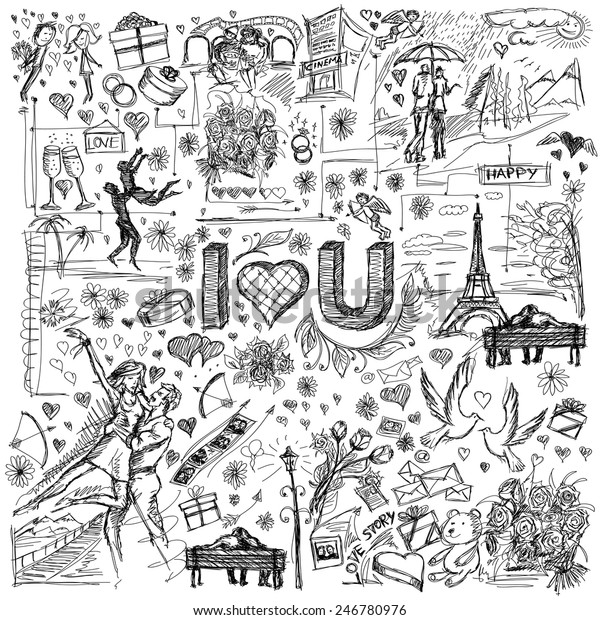 Vector Sketch Background Love Story Elements Stock Vector (Royalty Free ...