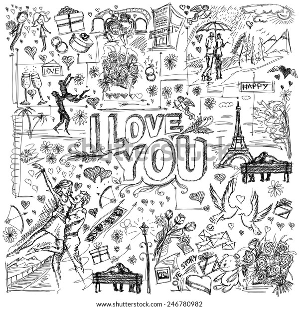 Vector Sketch Background Love Story Elements Stock Vector (Royalty Free ...