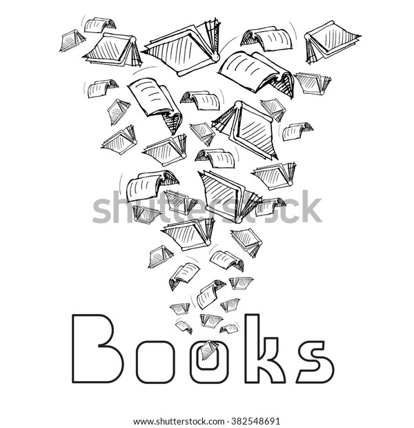 Vector sketch books flying through the opening of the letter "O" in the ...