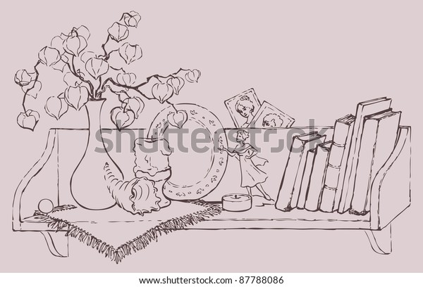 Vector Sketch Cozy Home Corner Shelf Stock Vector (Royalty Free ...