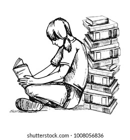Vector Sketch Drawing Illustration Reading Girl Stock Vector (Royalty ...