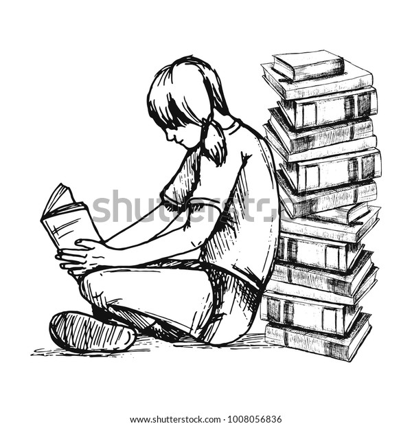 Vector Sketch Drawing Illustration Reading Girl Stock Vector (Royalty ...