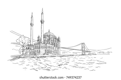 Vector Sketch Famous Turkish Landmark Ortakoy Stock Vector (Royalty ...