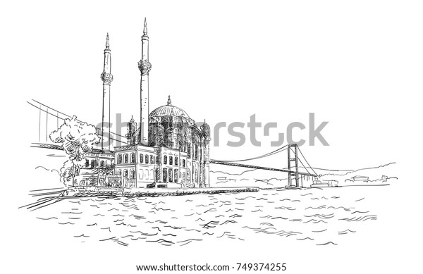 Vector Sketch Famous Turkish Landmark Ortakoy Stock Vector (Royalty ...