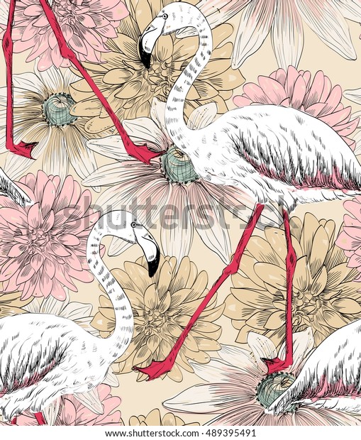 Vector Sketch Flamingo Flowers Hand Drawn Stok Vektör (Telifsiz ...