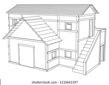 Cottage Perspective Drawing Building 3d Outlines 库存插图 476313109 ...