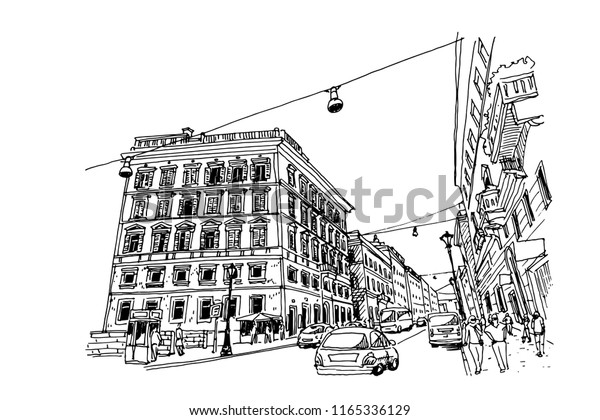 Vector Sketch Street Scene Rome Italy Stock Vector (Royalty Free ...