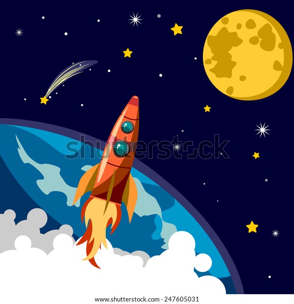 Vector Space Rocket Moon Stars Stock Vector (Royalty Free) 247605031 ...