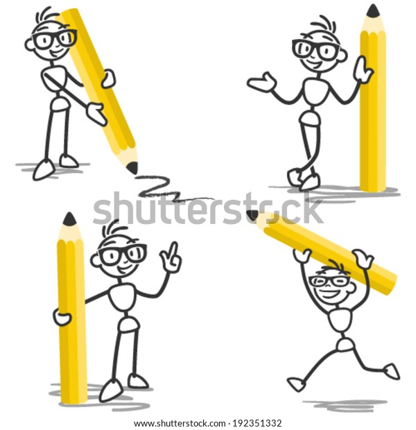 Vektorstick-Bildsatz: Stickman hält Bleistift, stehend, laufend,: Stock ...
