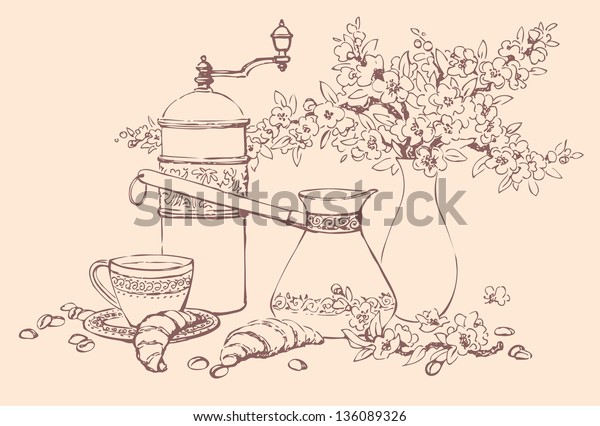 Vector Still Life Sketch Cup Coffee Stock Vector (Royalty Free ...