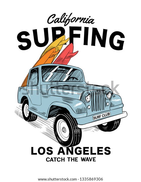 Vector surf car illustration with surfboards . For t-shirt prints and ...
