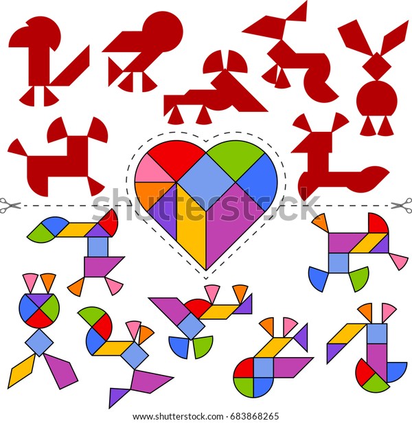 Vector Tangram Heart (geometric puzzle). Collection of 7 objects and ...
