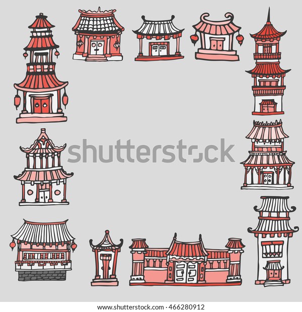 Vector template with asian temples and manor houses in red and grey ... Vector template with asian temples and manor houses in red and grey ...