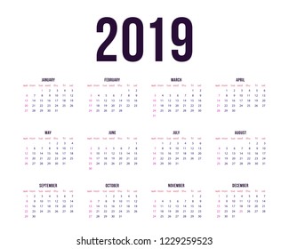 Vector Template Calendar 2019 Week Starts Stock Vector (Royalty Free ...