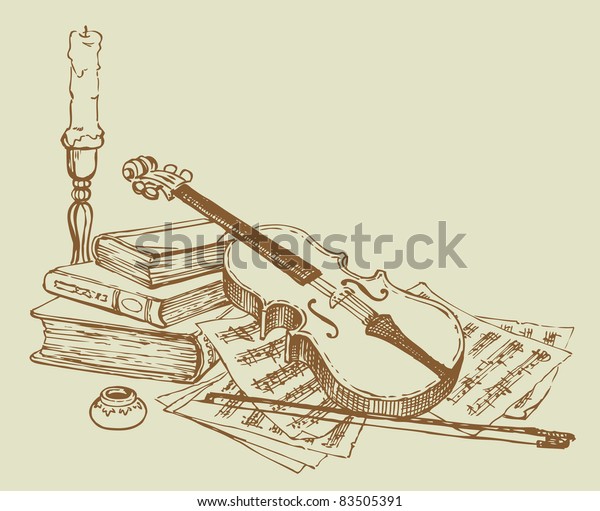 Vector Vignette Sketch Still Life Violin Stock Vector (Royalty Free ...