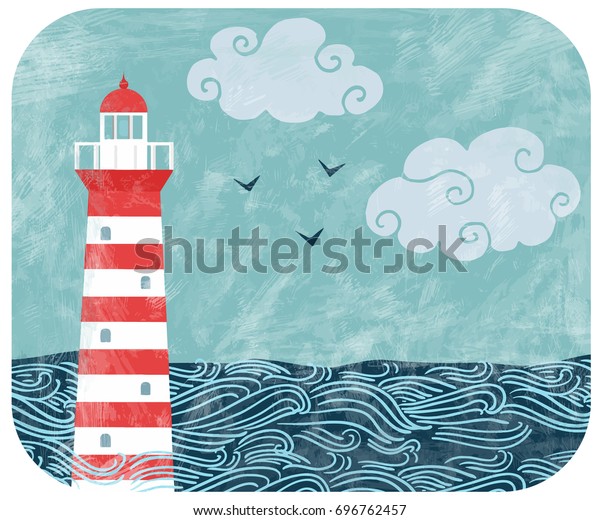 Vector Vintage Illustration Red White Lighthouse Stock Vector (Royalty ...