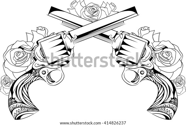 Vector Vintage Illustration Two Revolvers Roses Stock Vector (Royalty ...