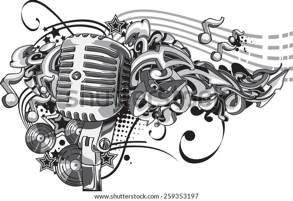 Vector vintage microphone on graffiti background