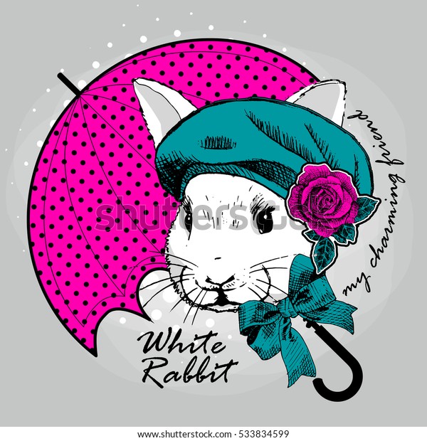 Vector White Rabbit Pink Umbrella Lapin: стоковая векторная графика ...