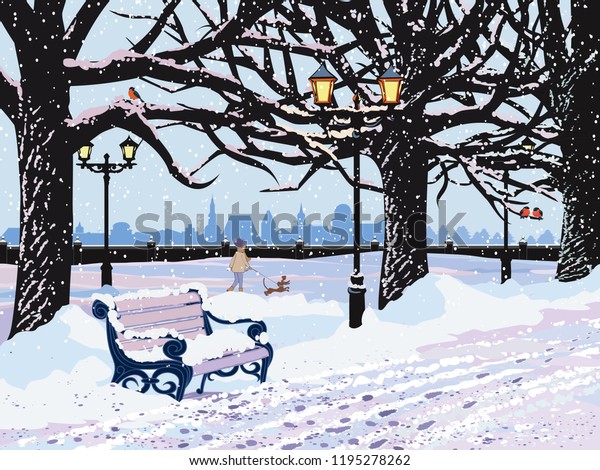 Vector Winter Landscape Snowy Park Evening Stock Vector Royalty Free