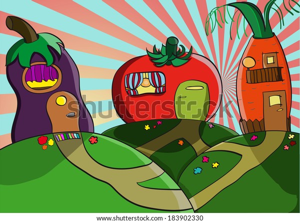 Vegetable Village Cartoon Background Vegetables Town Stock Vector ...