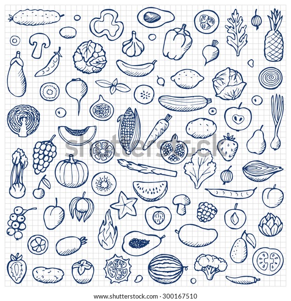 Vegetables Fruits Set Hand Drawn Doodle Stock Vector (Royalty Free ...